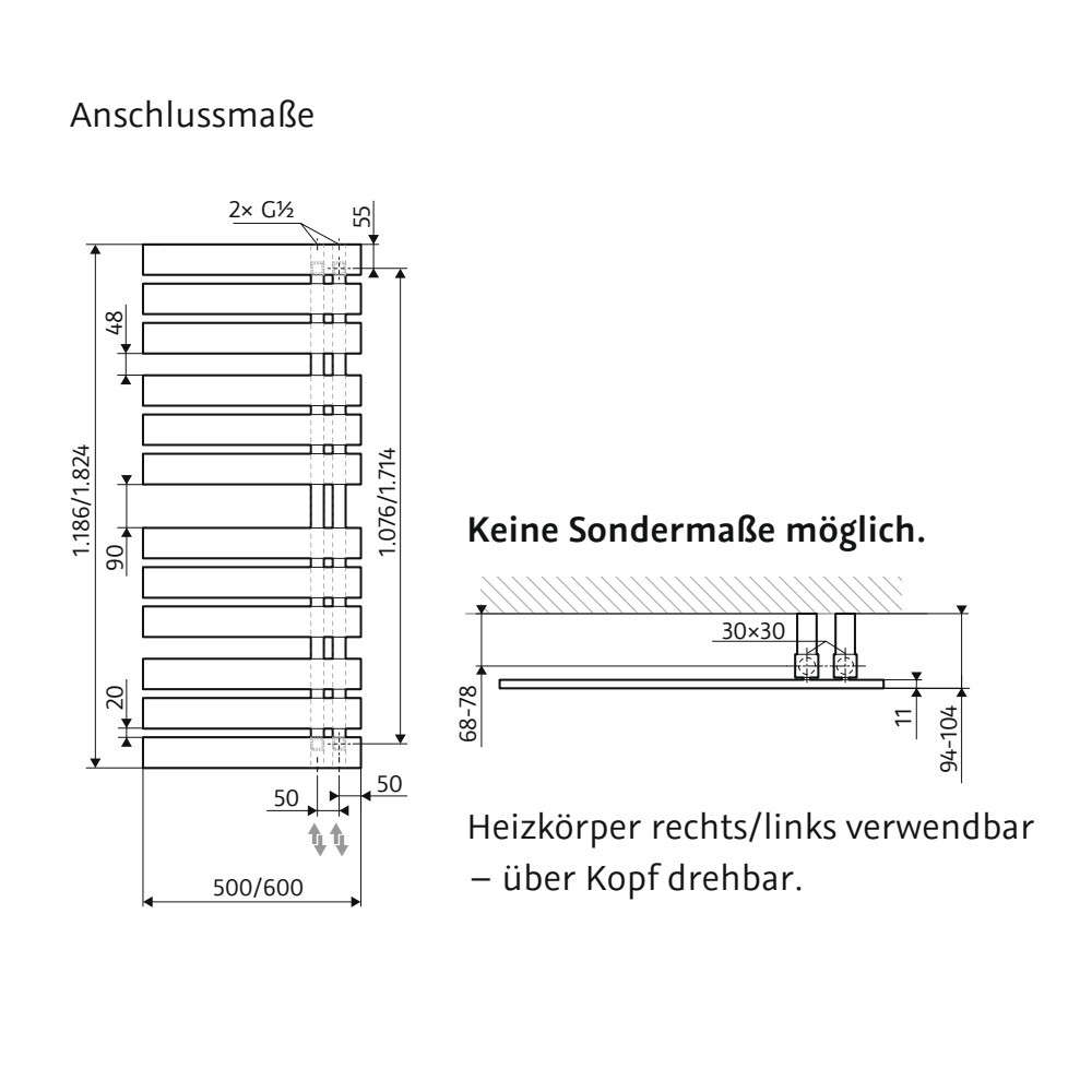 HSK-Designheizkörper YENGA rechts/links wendbar in 10 Farbvarianten ...
